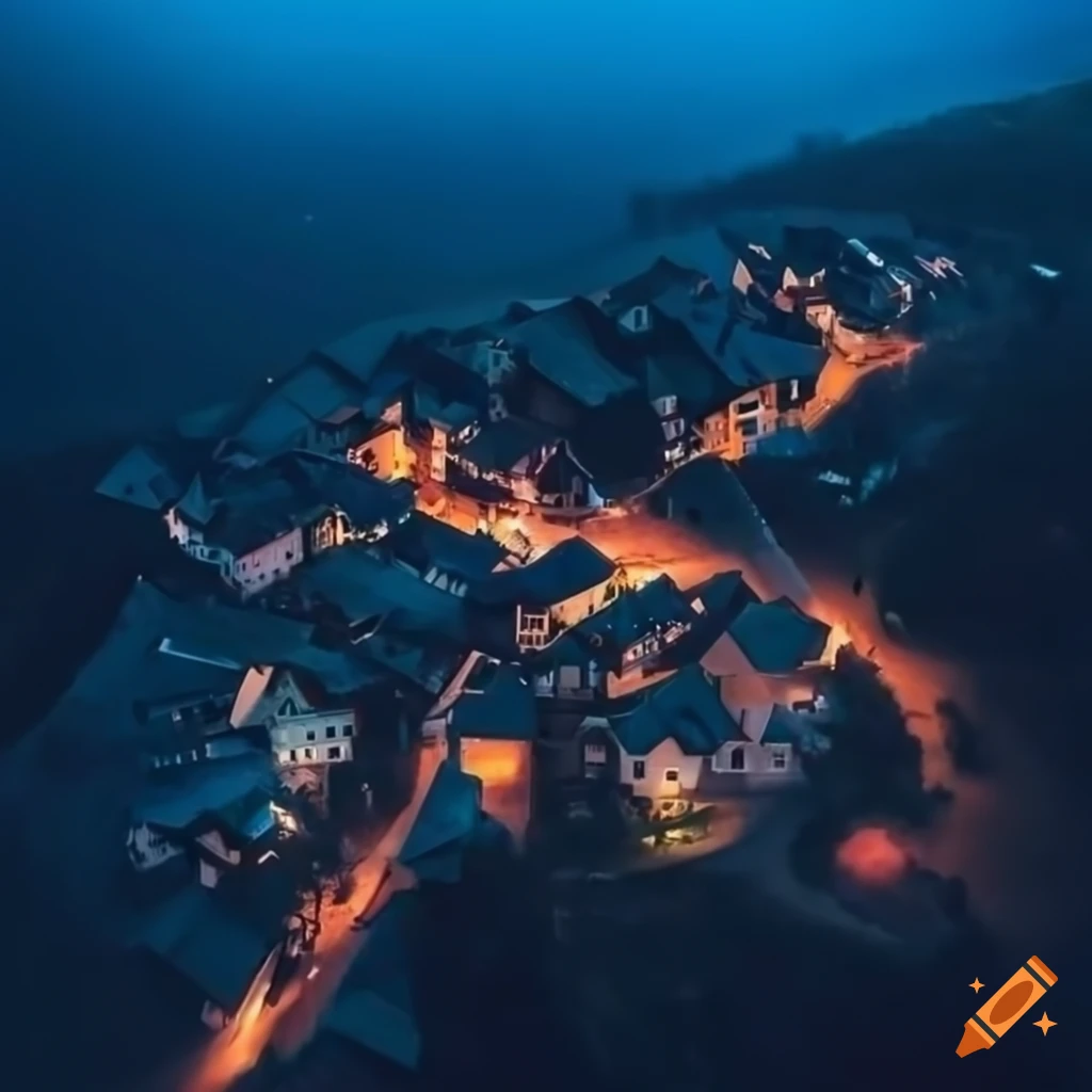 Aerial view of a small village at night