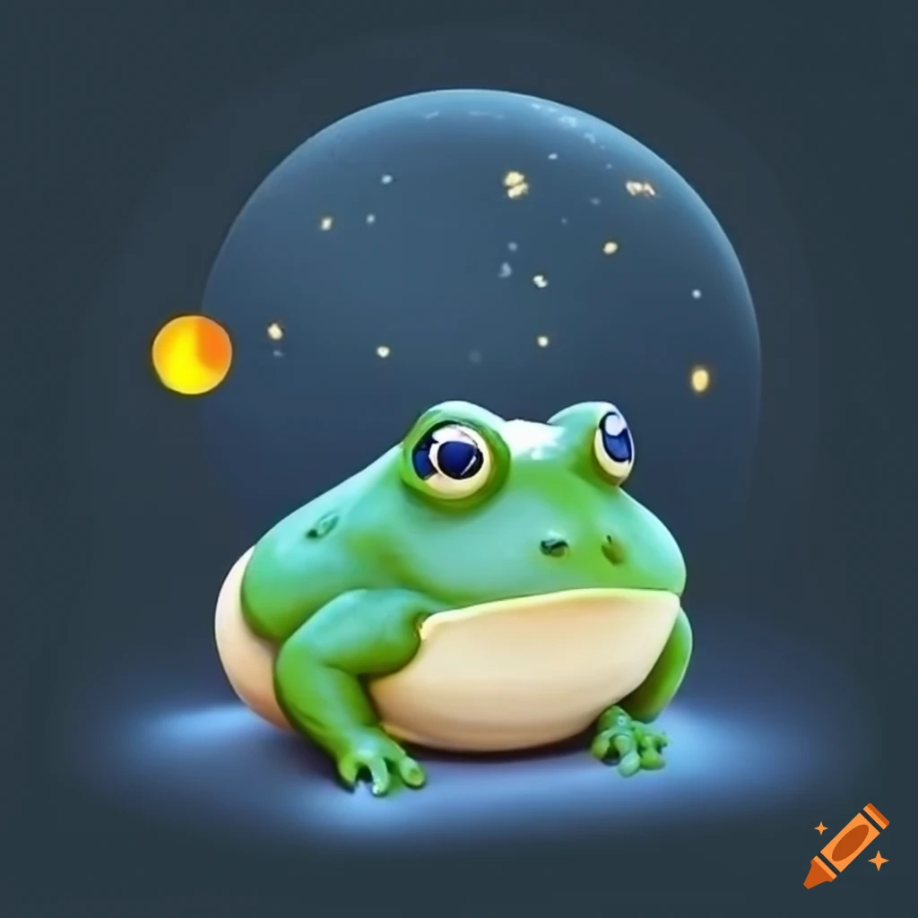 Whimsical illustration of a fat frog holding the moon on Craiyon