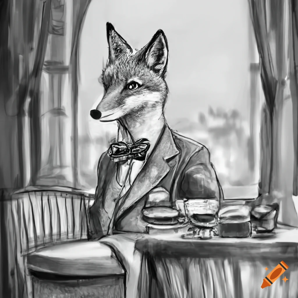 Fox dining in a restaurant with the eiffel tower in the background