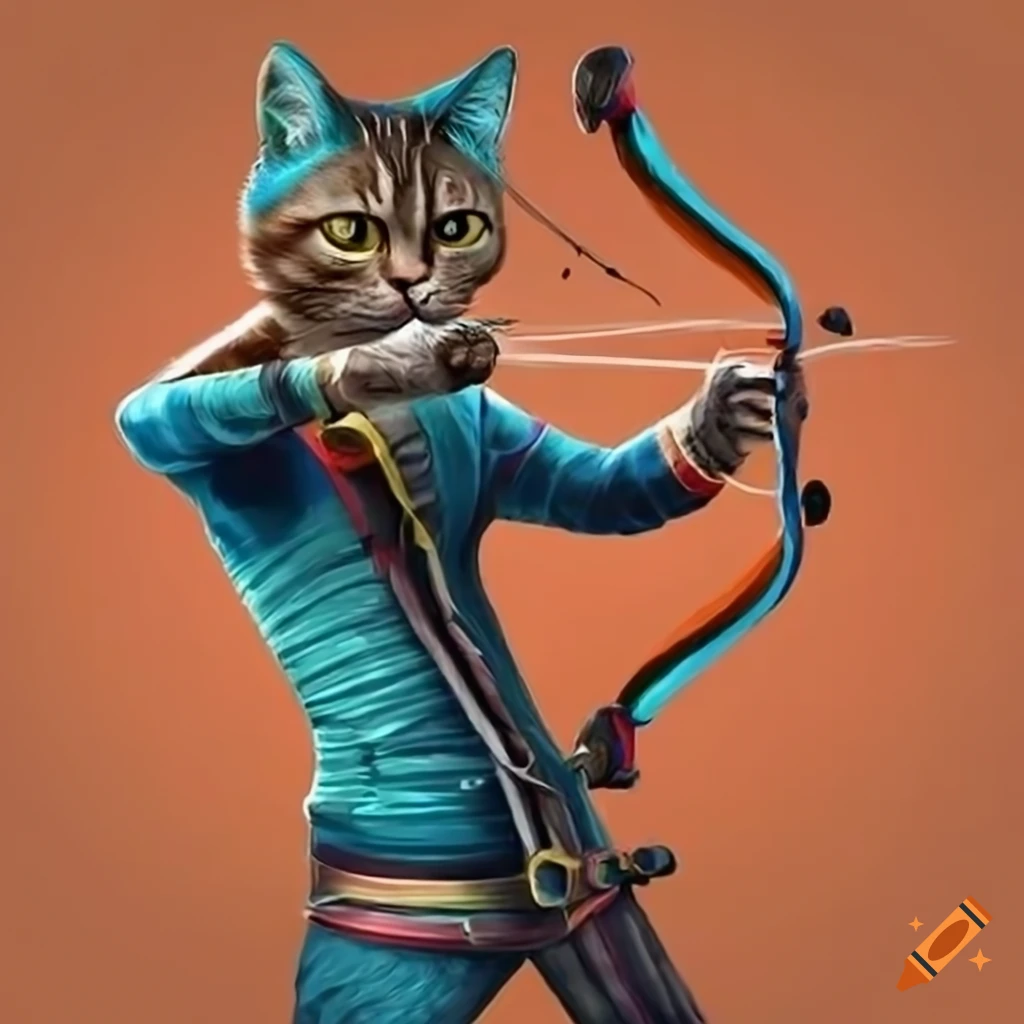 Colorful cartoon illustration of a cat archer on Craiyon