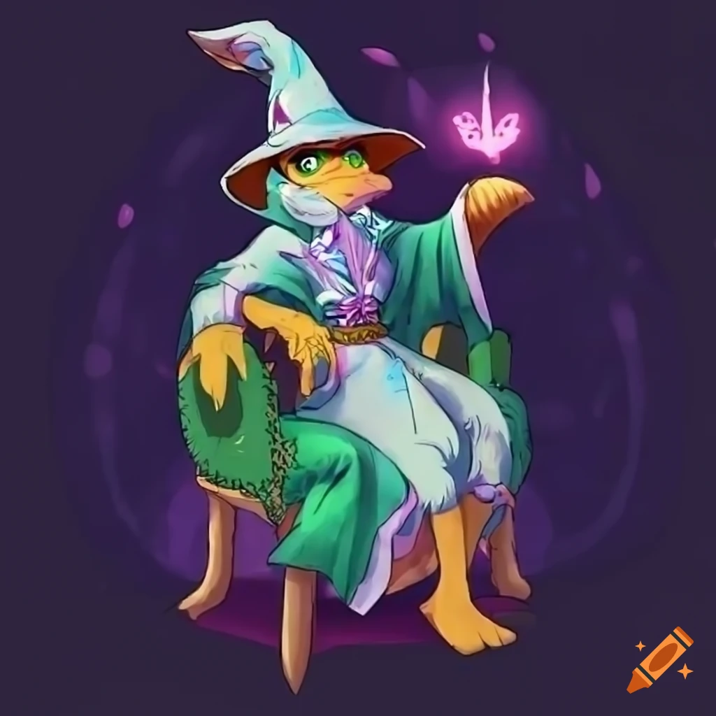 Cartoonish anthro duck wizard casting a spell