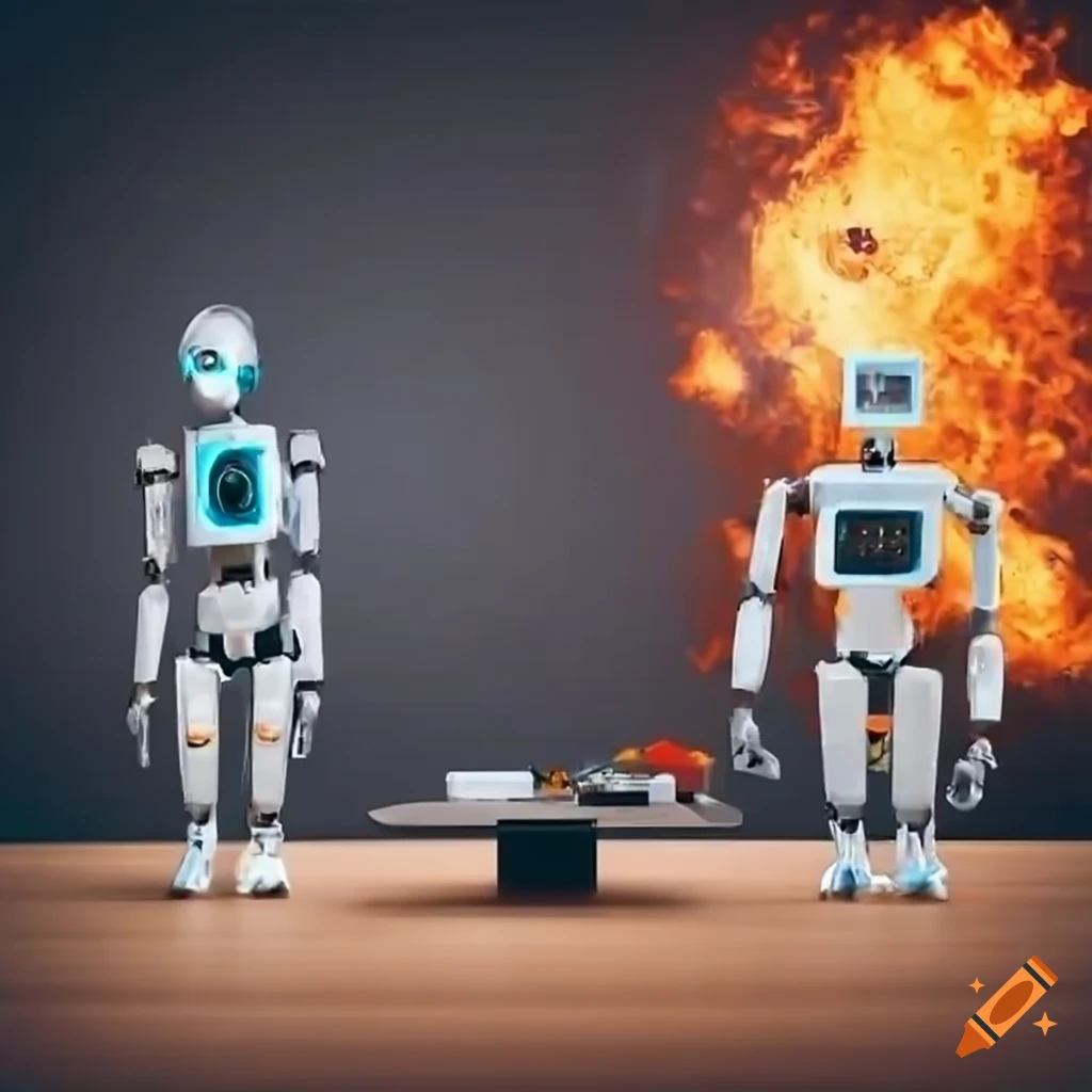 Image of human and robot working together with explosion in background ...