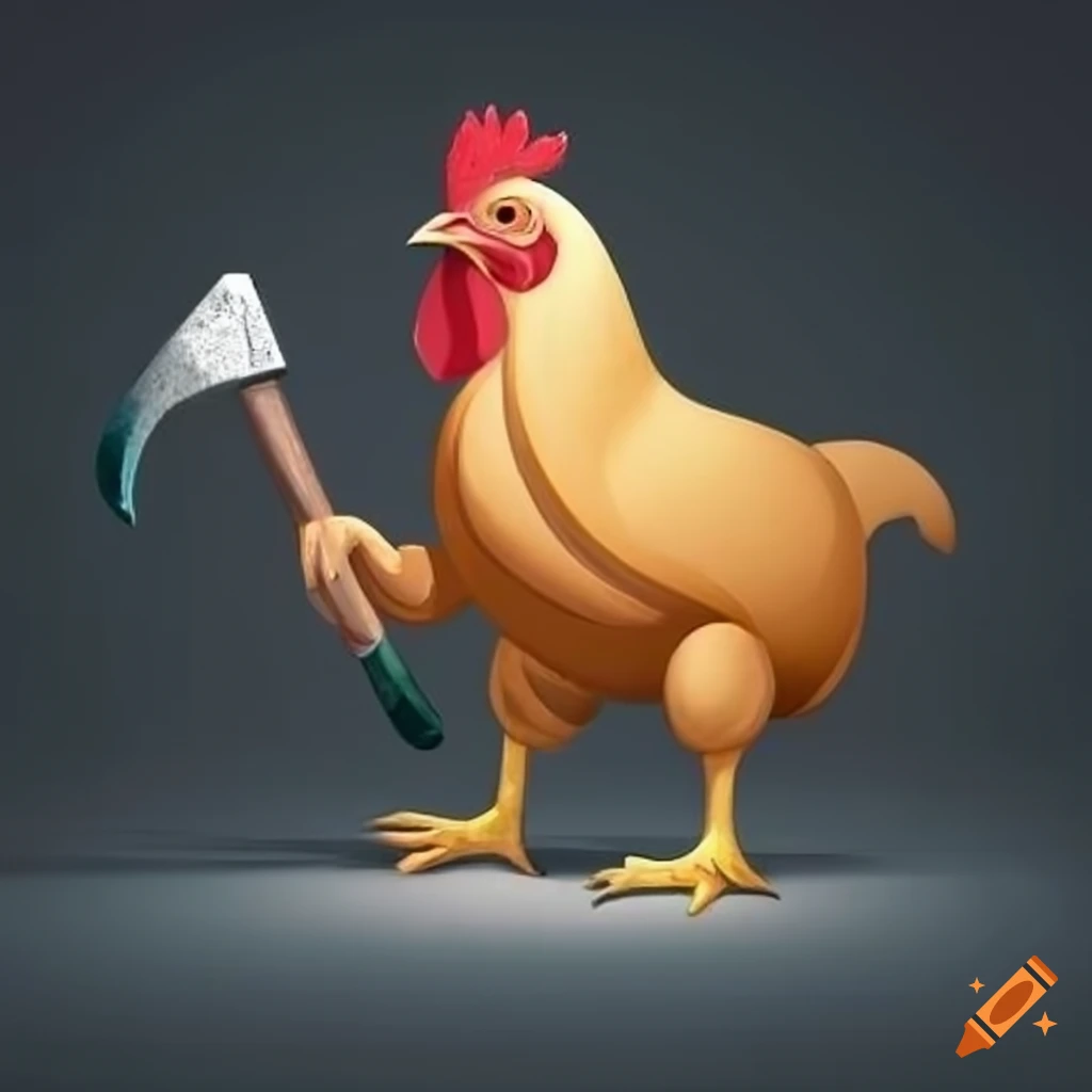 Funny illustration of a chicken holding axes on Craiyon
