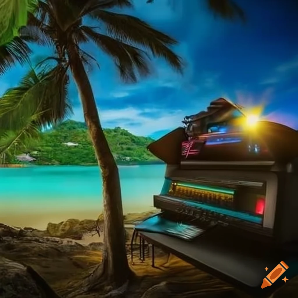 Gaming setup on a beautiful island beach on Craiyon