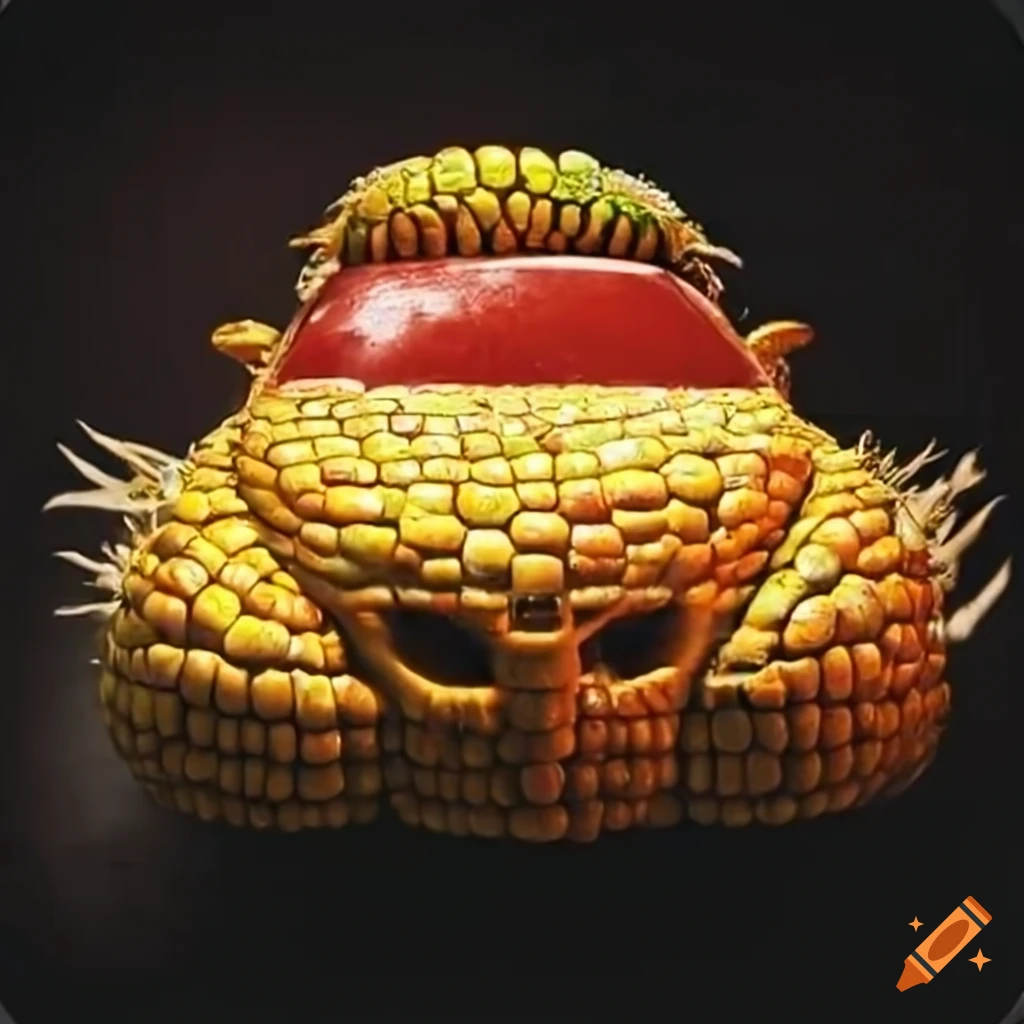 Portrait of a corn cob resembling a woman with a nose ring and a pink ...