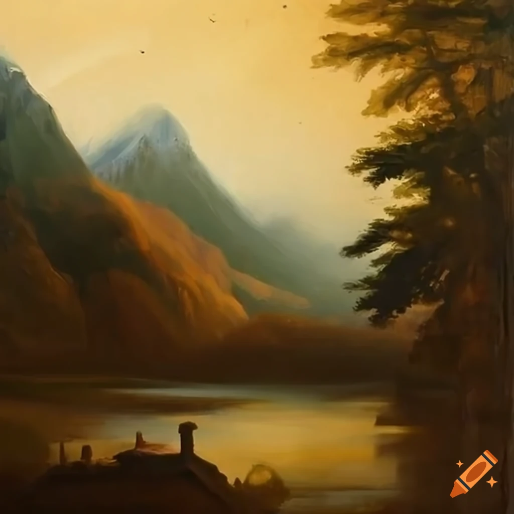 Painting of a scenic mountain village
