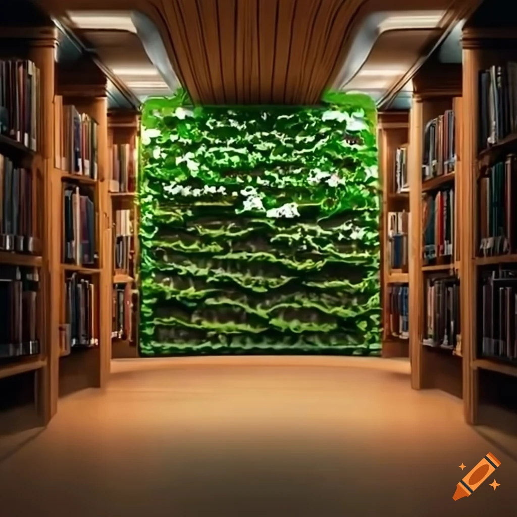 Library with a plant wall centerpiece on Craiyon