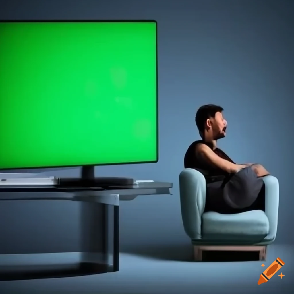 Man sitting in a chair with a green screen TV on Craiyon