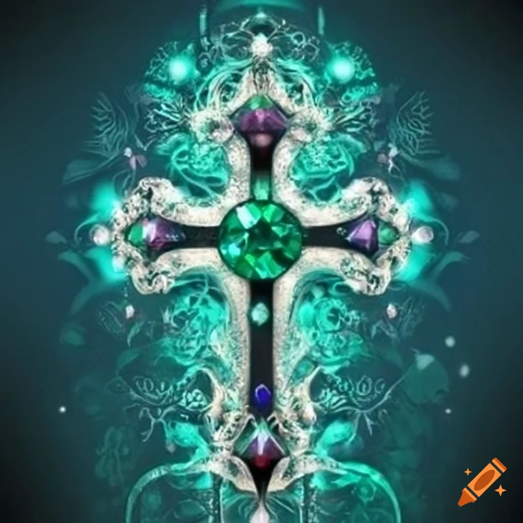 Silver gothic cross with emerald stones on Craiyon