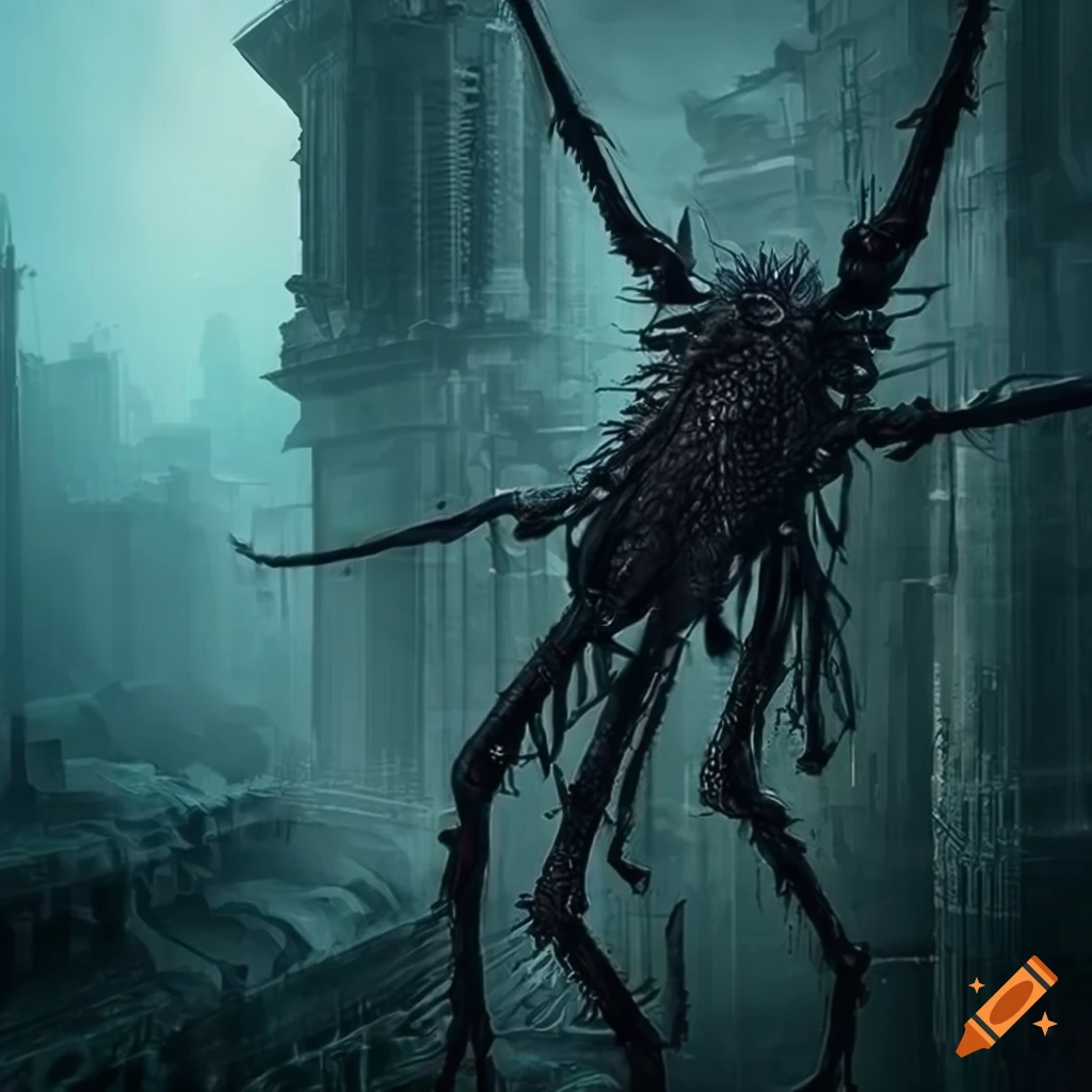 Dark fantasy art of city made of insect legs on Craiyon