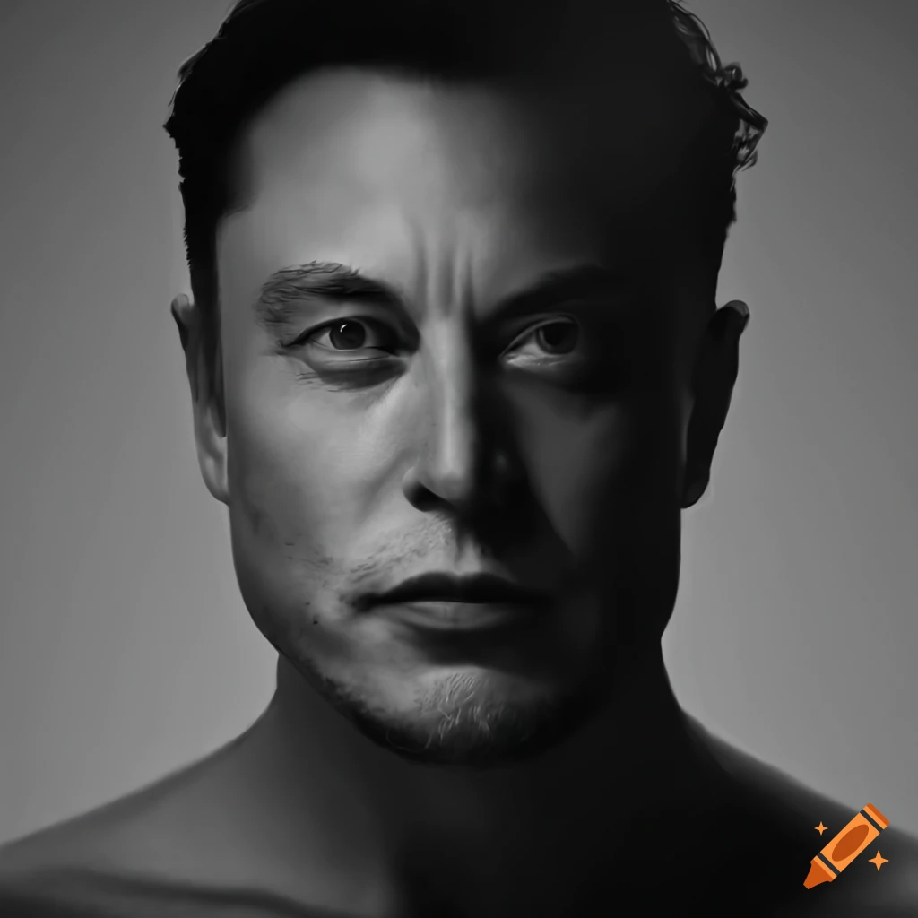Black and white image of gigachad resembling elon musk on Craiyon