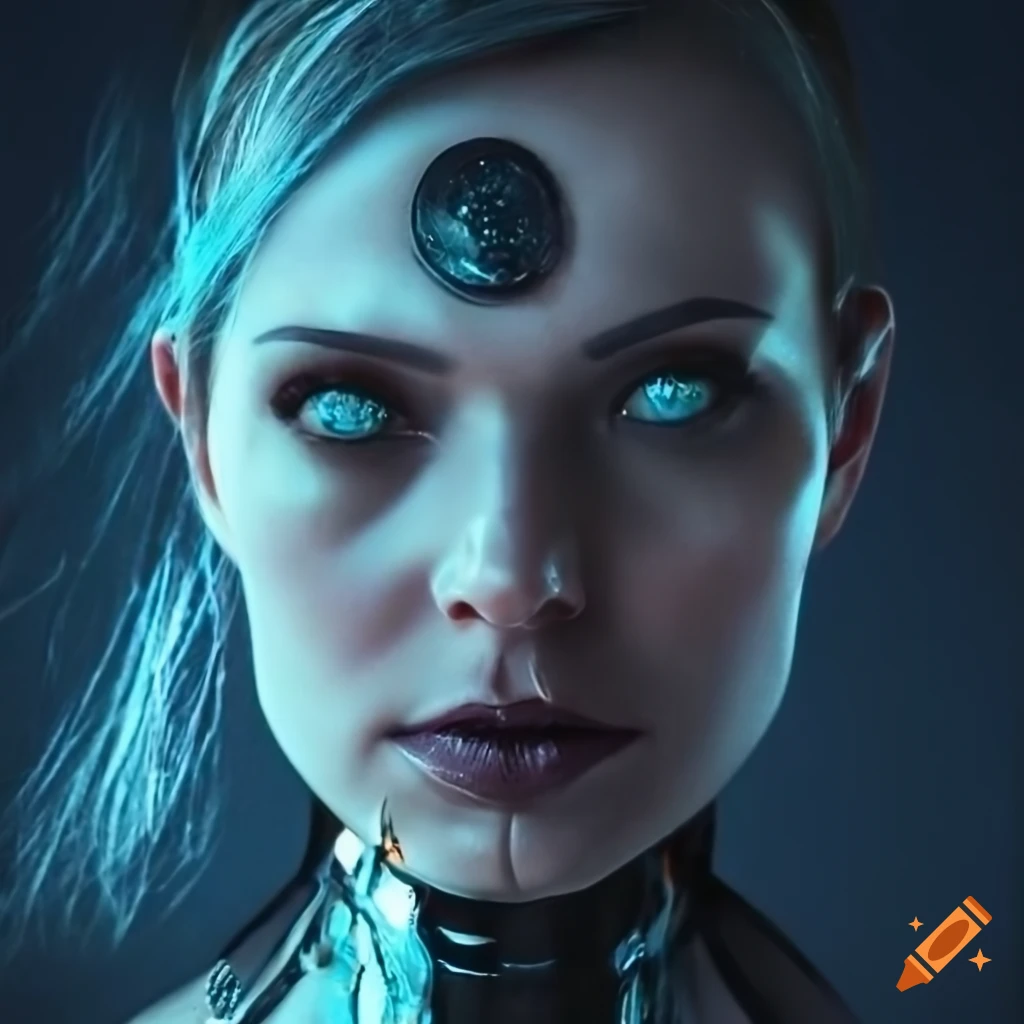 Photograph of a cyborg woman with electric lights