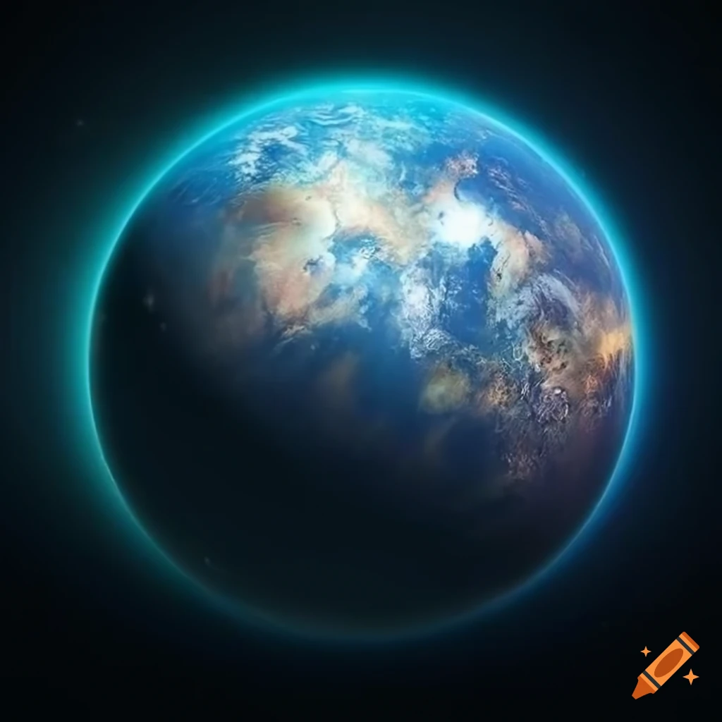 Matte painting of an earth-like planet with green volcanic islands on ...