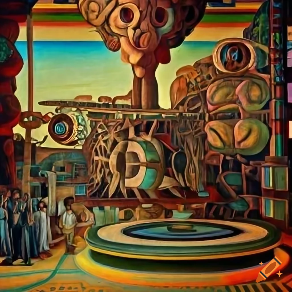 Mural of h.g. wells' "the time machine" with various artistic styles