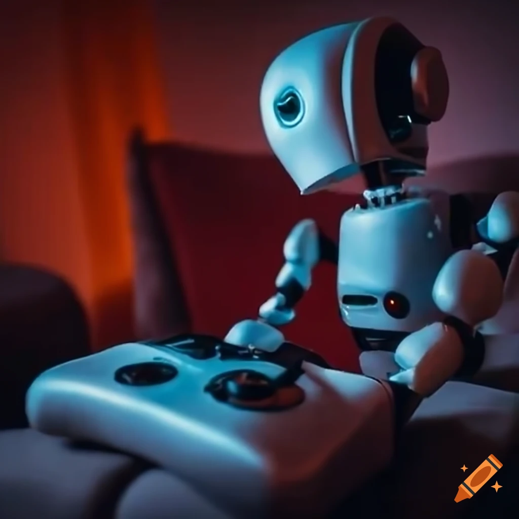 Robot playing video games on the sofa on Craiyon