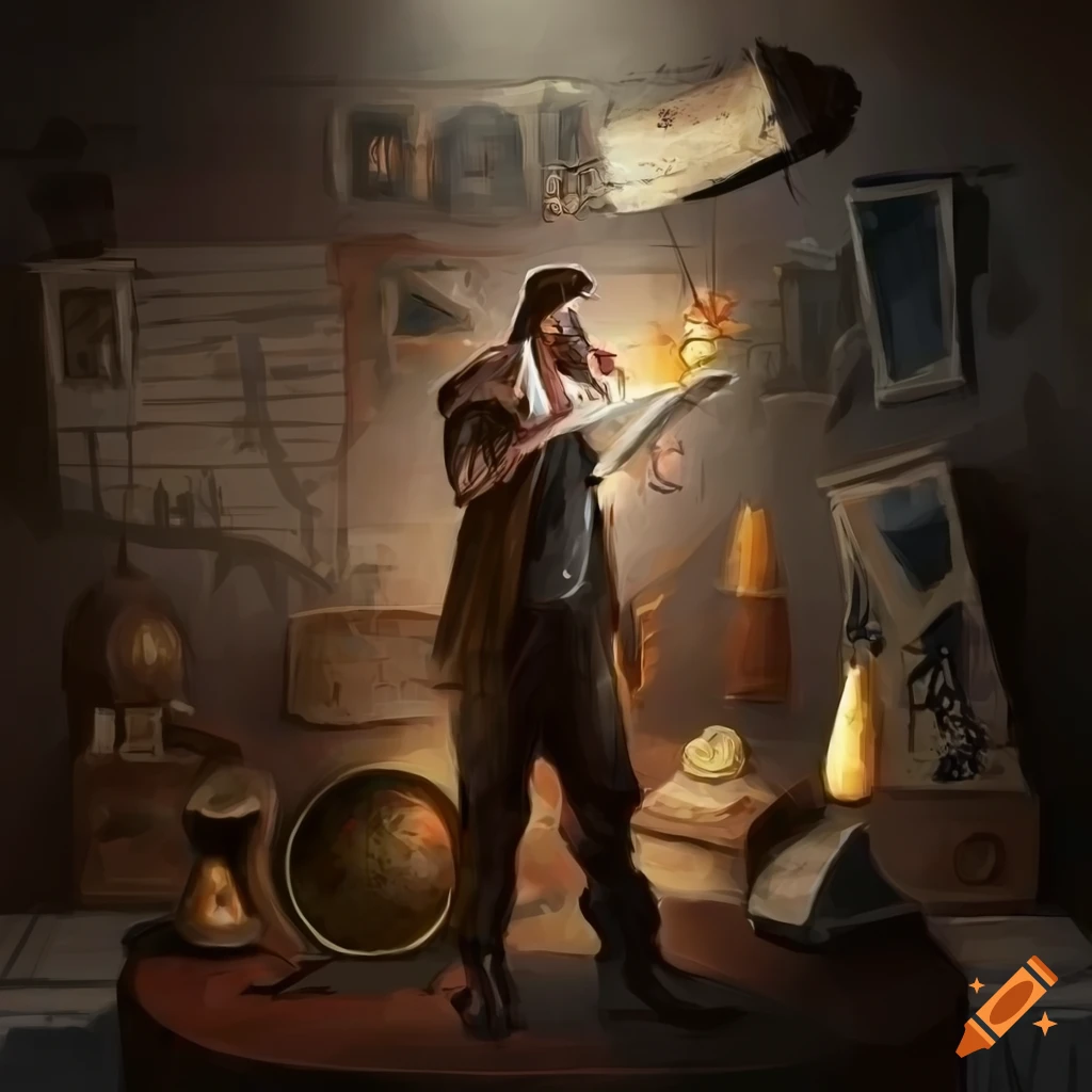 Fantasy art of a man collecting relics from an office on Craiyon