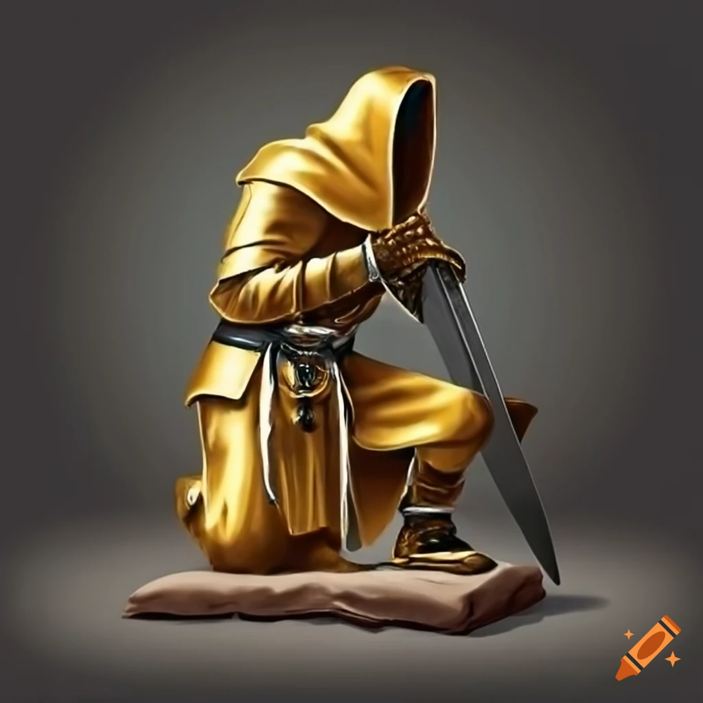 Hyperrealistic depiction of a golden medieval monk archer on Craiyon