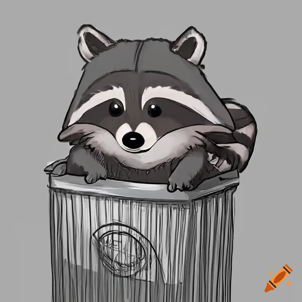 Cartoon raccoon searching in trash can on Craiyon