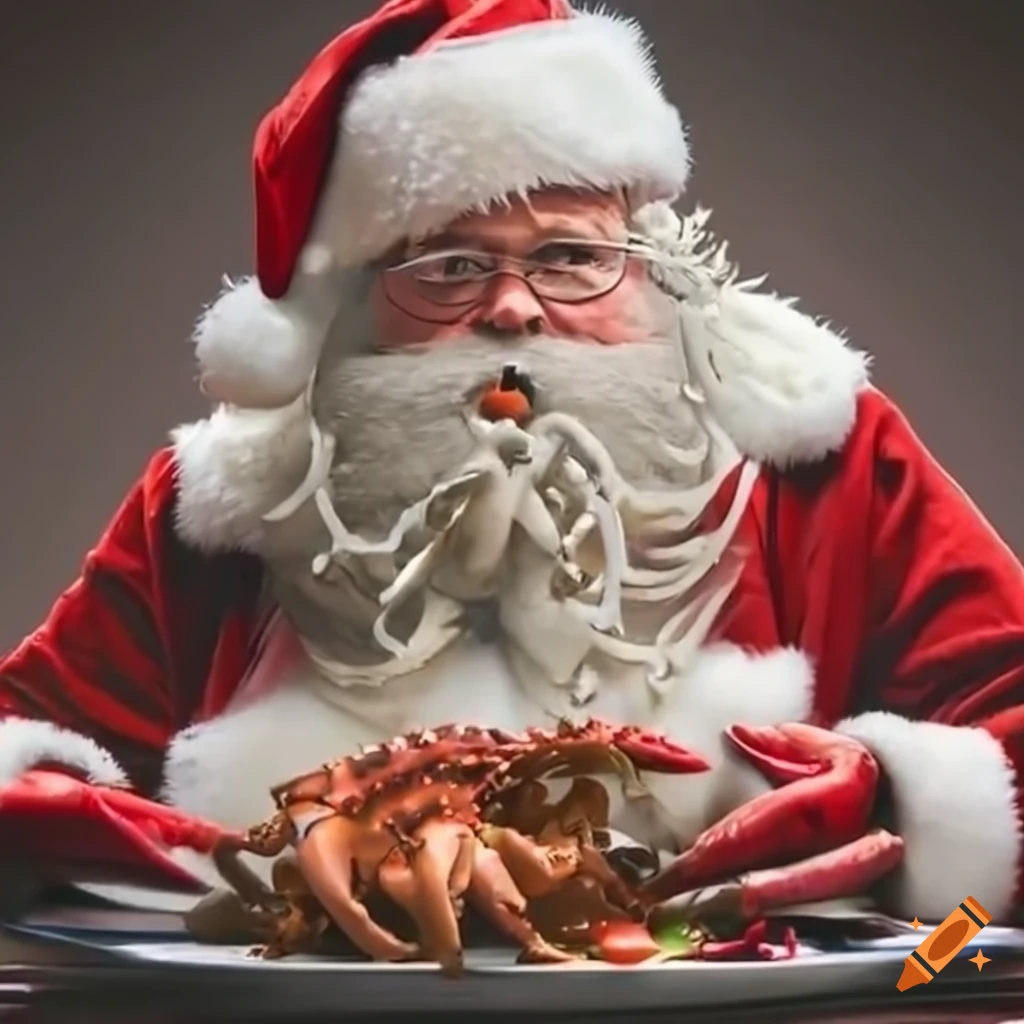 Santa claus enjoying a crab feast on christmas