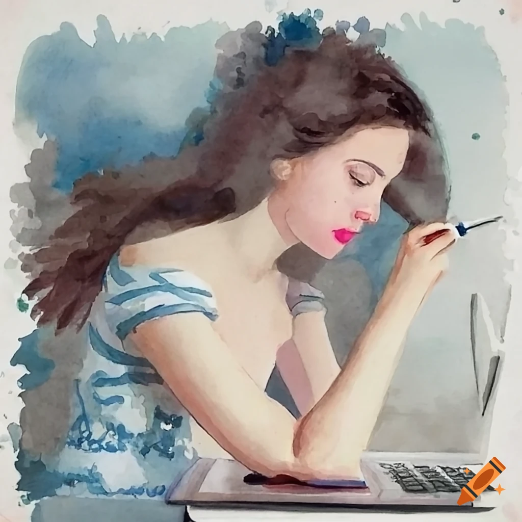 Drawing of a young woman writing letters and a young man at his desk on ...