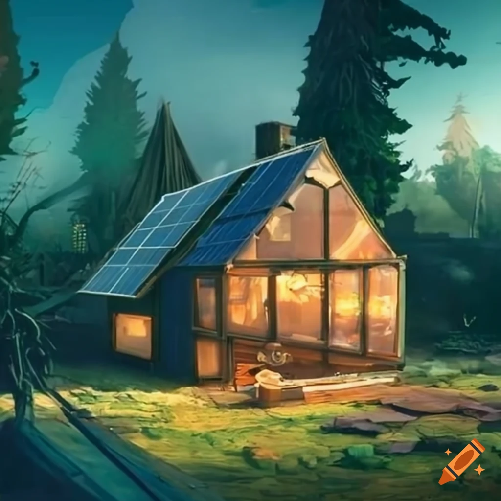 Image of a solar-powered cabin with a greenhouse on Craiyon