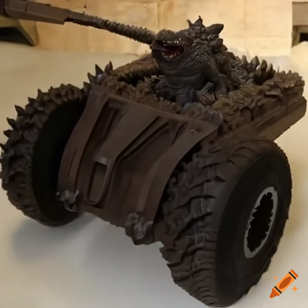 Artwork of a wheeled godzilla