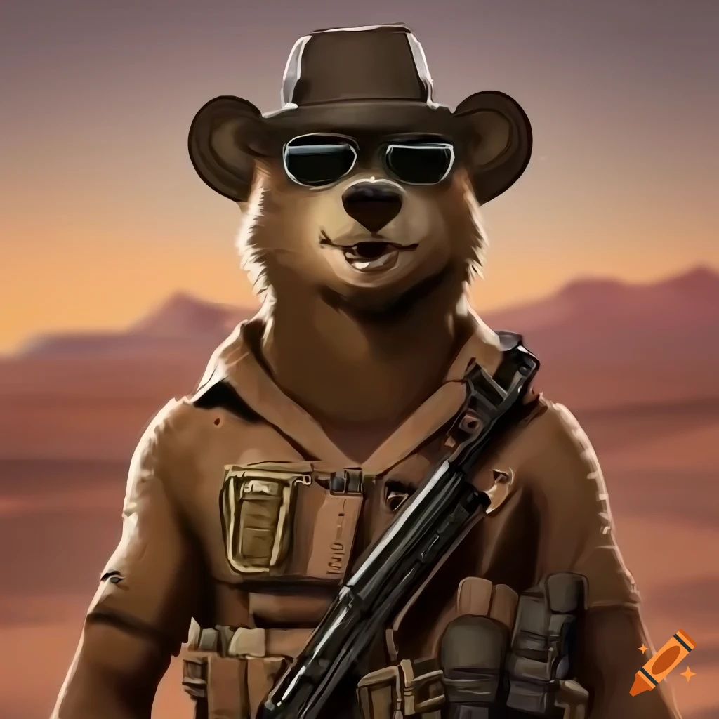 Anthropomorphic bear wearing tactical gear and holding a revolver in ...