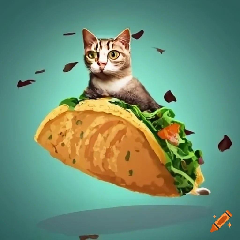 Humorous illustration of a cat on a taco with a gun