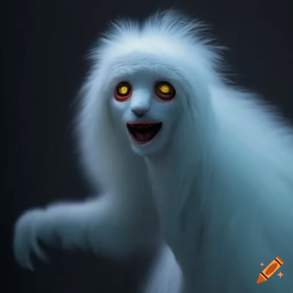 Illustration of a tall white fur creature with glowing yellow eyes on ...