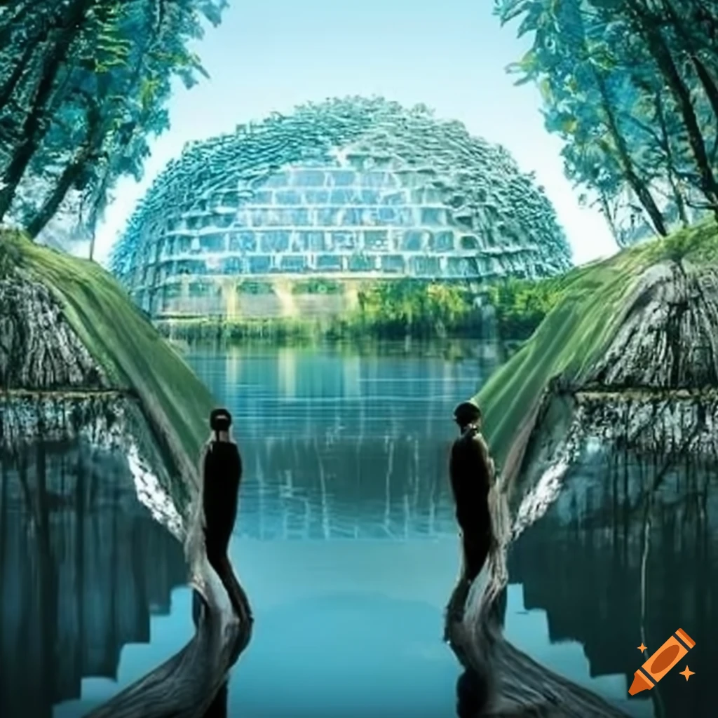 Concept art of futuristic utopian world with trees and lakes on Craiyon