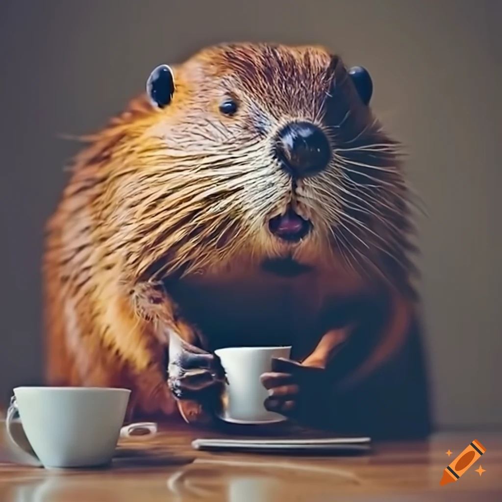 Beaver drinking coffee at a desk on Craiyon