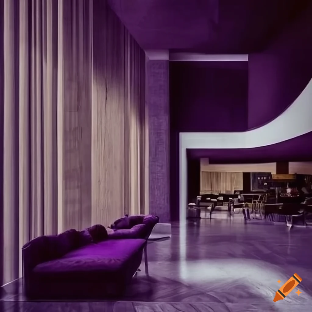 Purple and grey hotel lobby with brutalist design