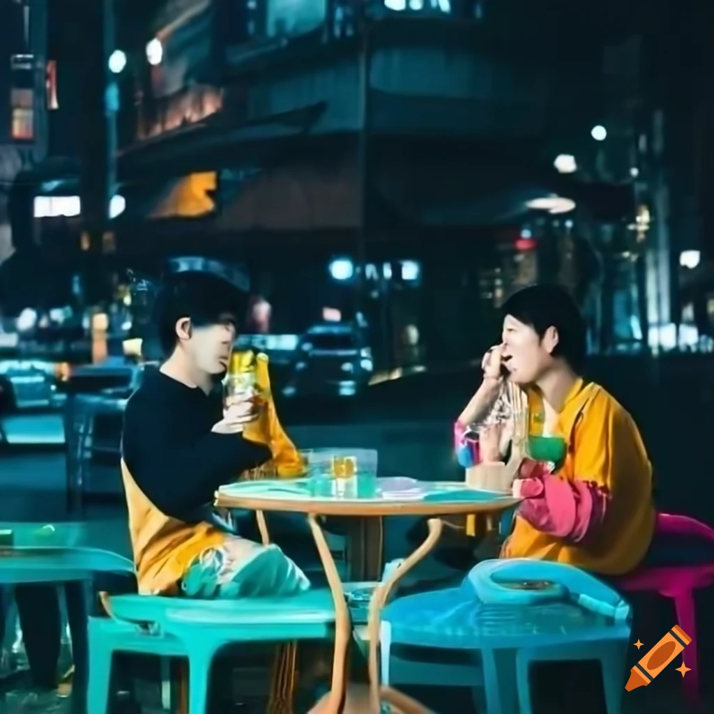 Two korean men enjoying soju late night in seoul on Craiyon