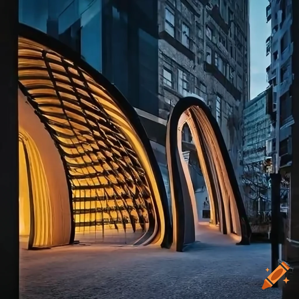 Parametric architectural entryway along the sidewalk on Craiyon