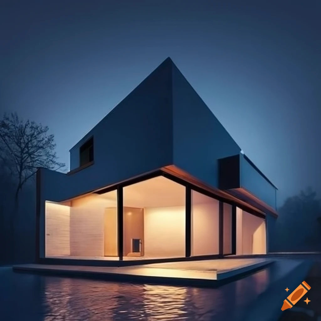 Sleek modern minimalist house at night