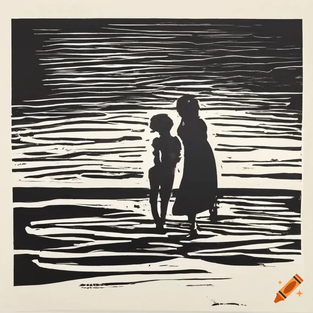 Black and white lino print of two figures on the beach