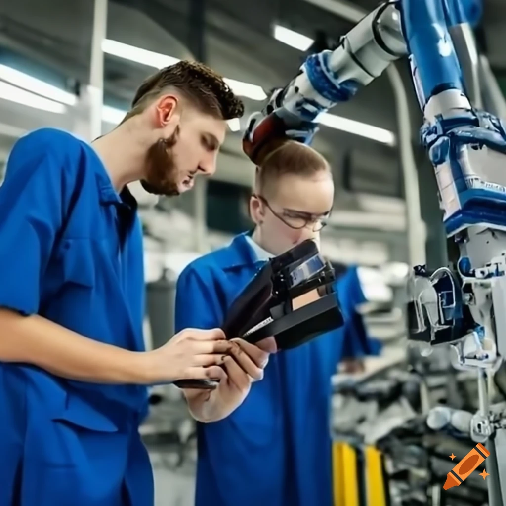 Training young workers alongside robots in a factory on Craiyon