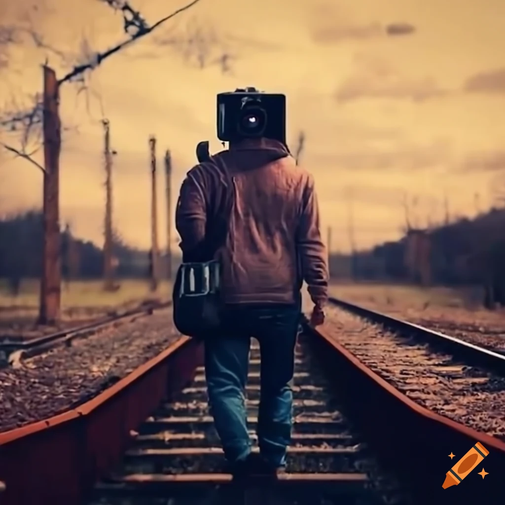 Man entering a camera on a railroad on Craiyon