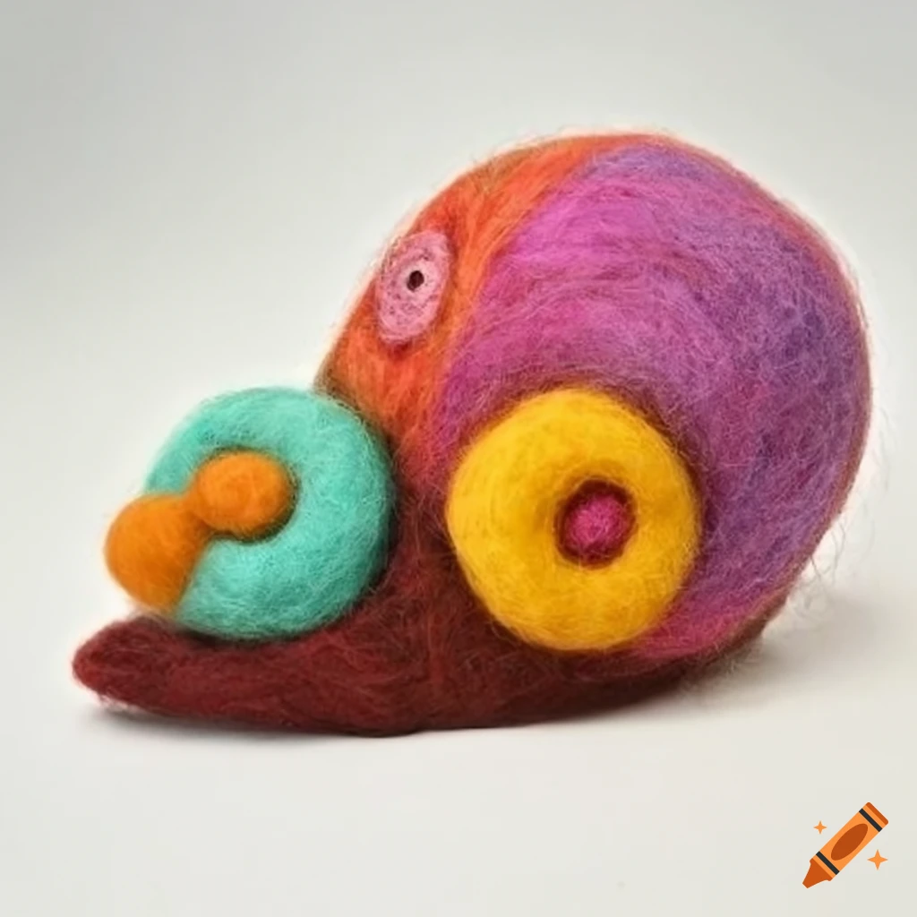 Colorful wool sculpture of a girl snail shell