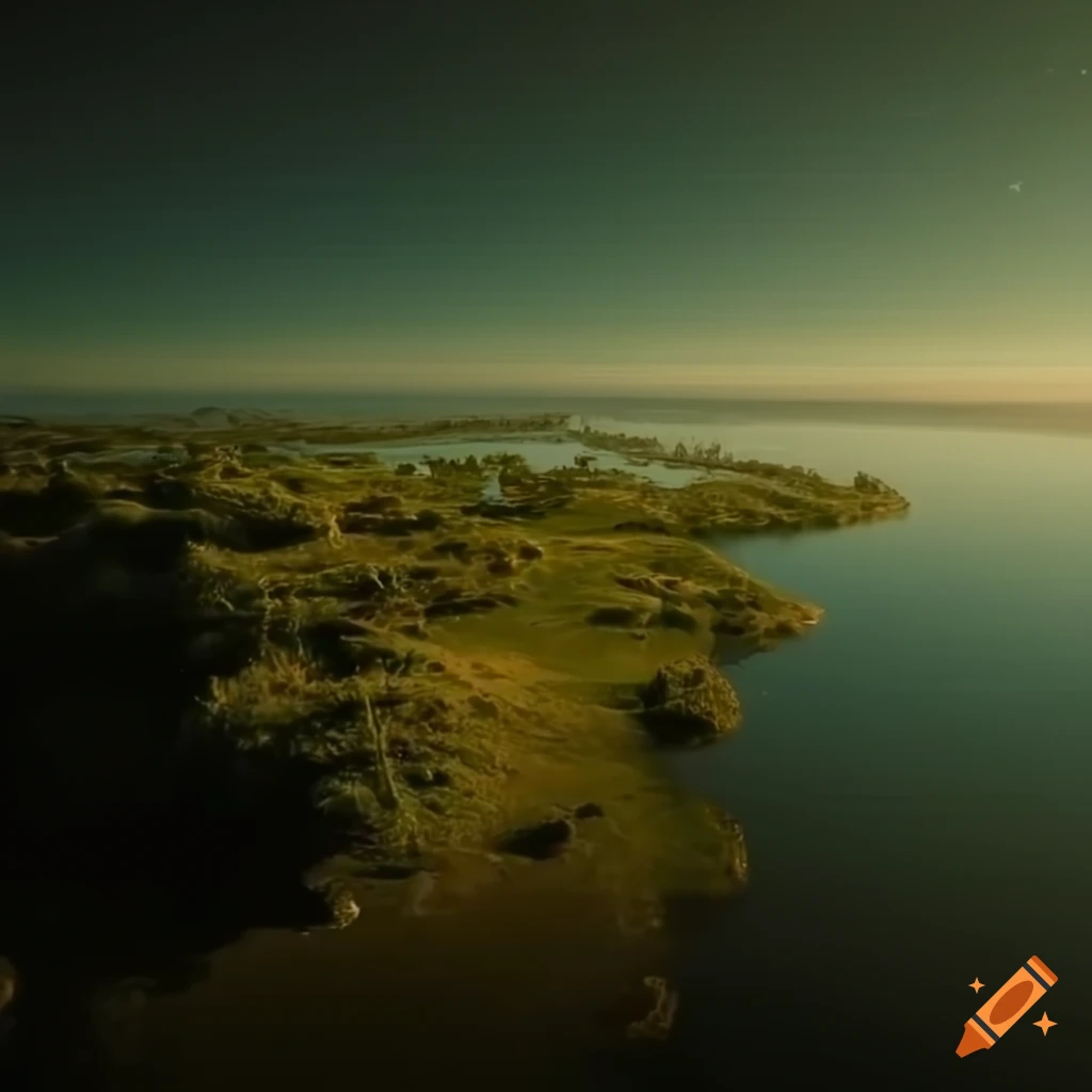 Alien planet landscape with vegetation and lake on Craiyon