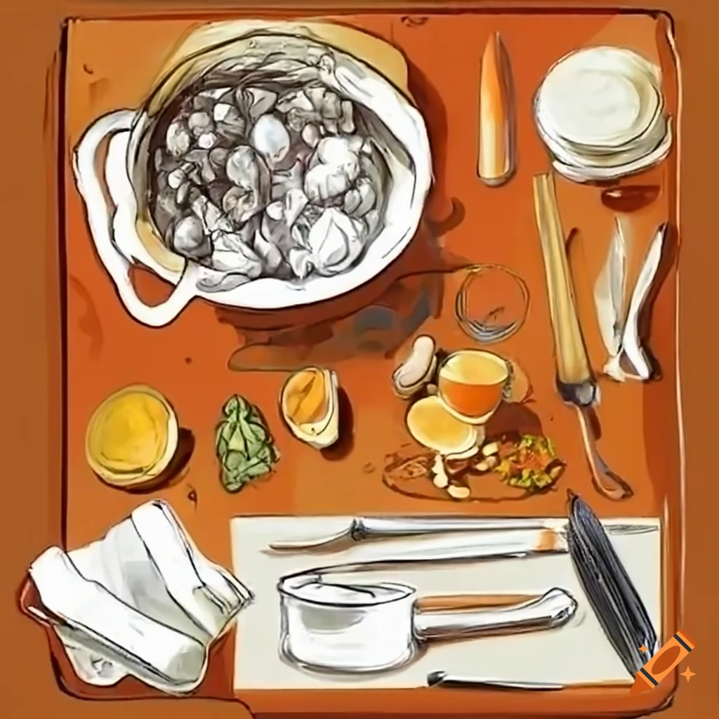 Table filled with cooking ingredients and utensils on Craiyon