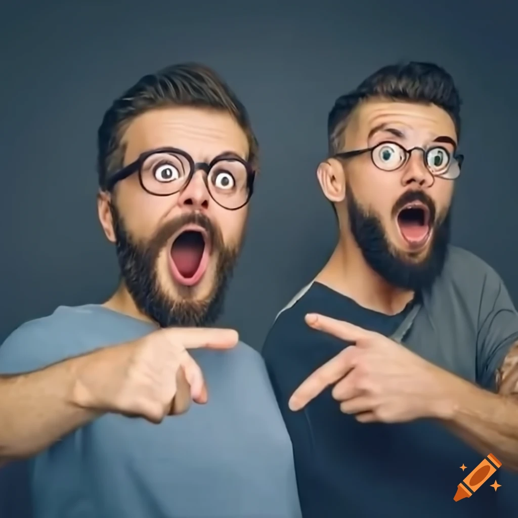 Two surprised men pointing behind them
