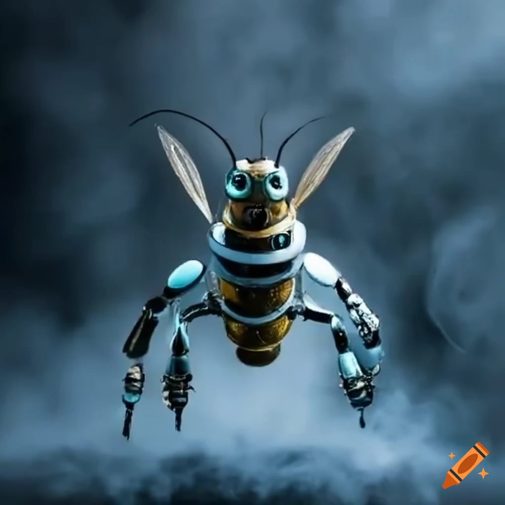 Bee robot flying over city in fantasy art style on Craiyon
