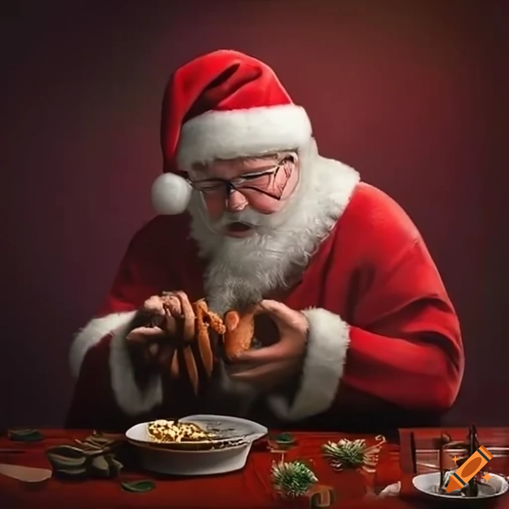 Santa claus enjoying a crab feast on christmas