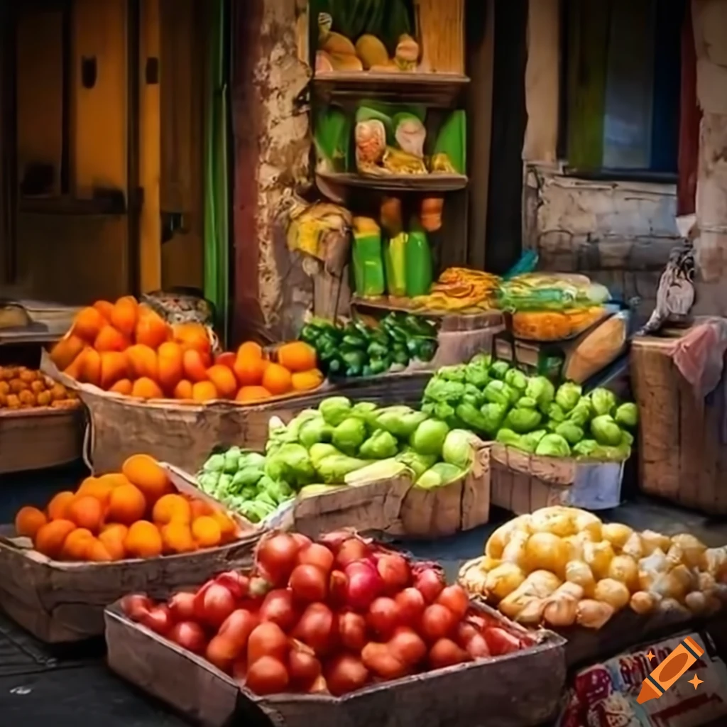 Colorful fruit market at night on Craiyon