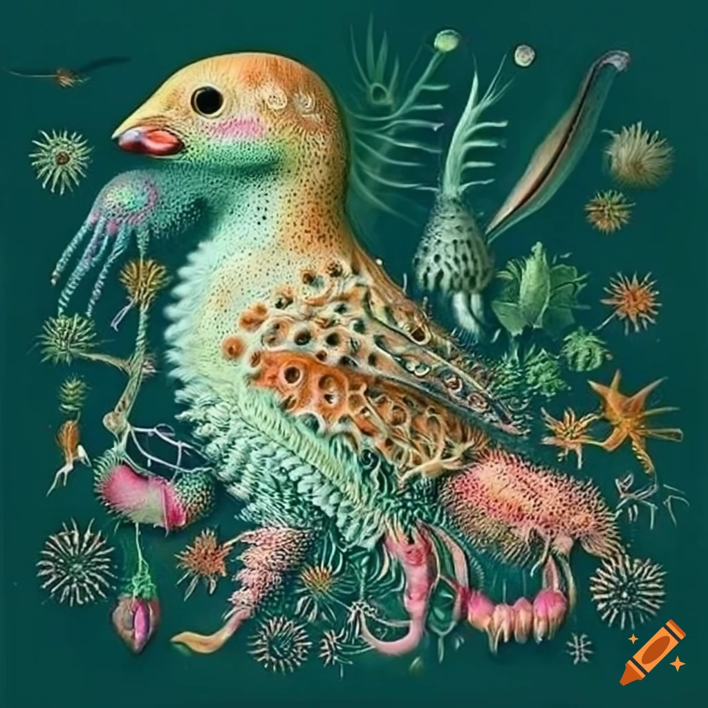 Fine art color illustration of exotic plants, flowers, fruit, birds, and butterflies in 4k ultra ...