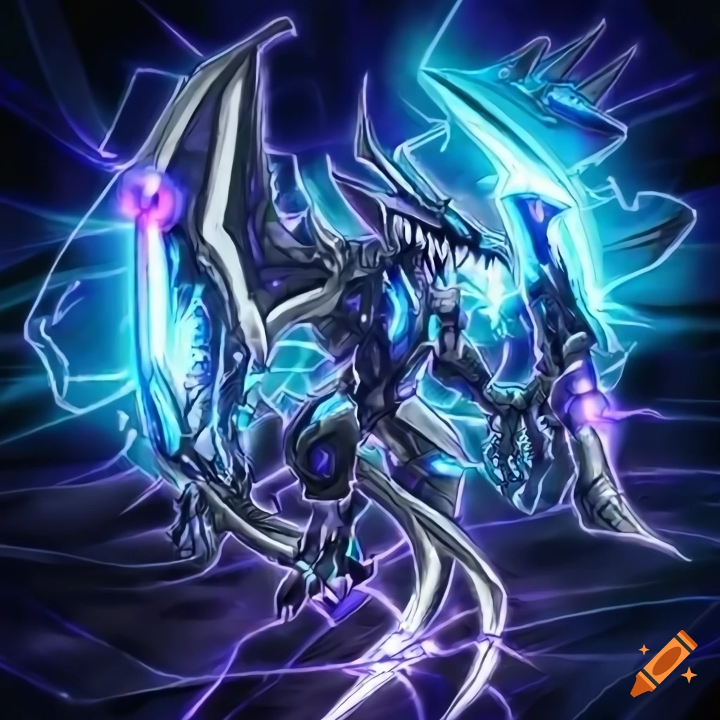 Dark machine fusion monsters emerging in yugioh style artwork on Craiyon
