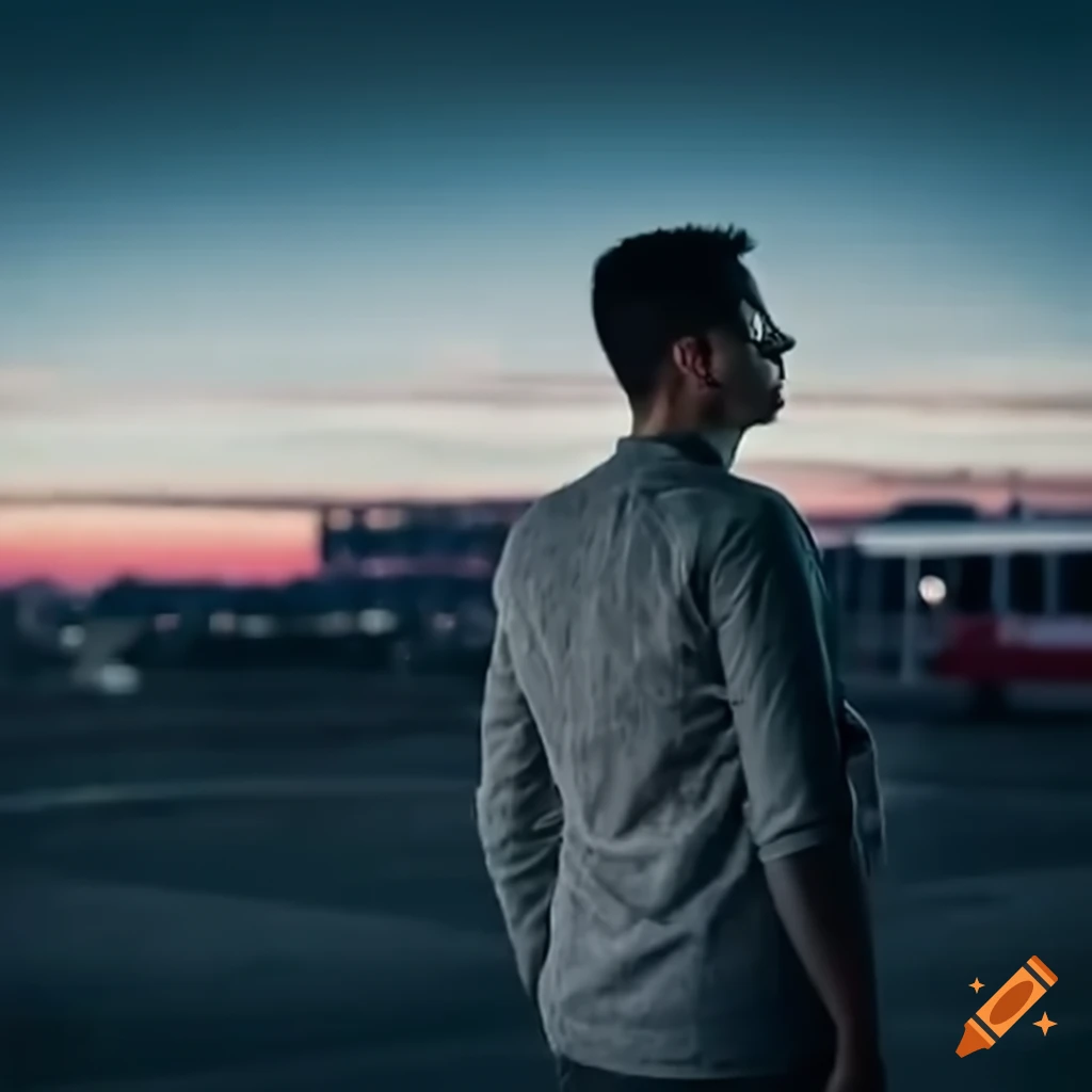 Man looking out into the distance at an airport on Craiyon