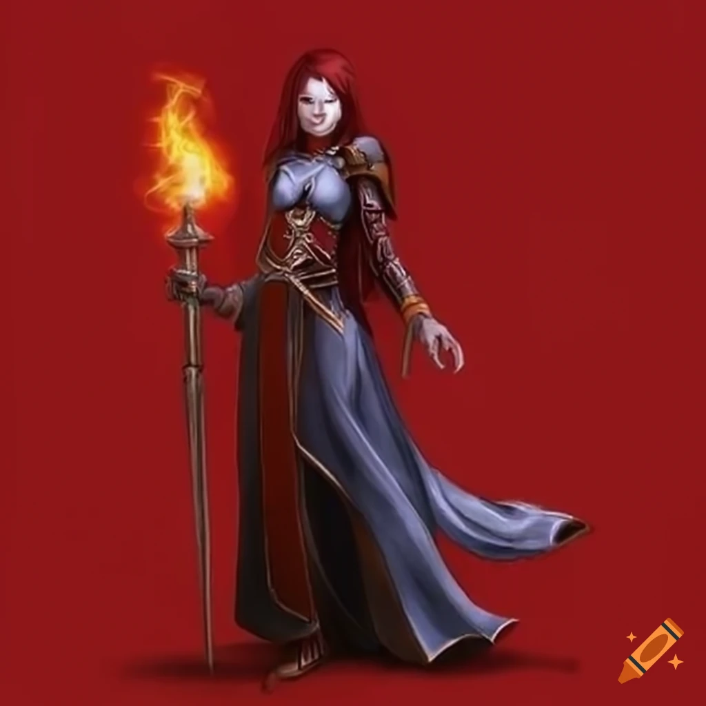 Female magus with wavy red hair holding a flaming sword on Craiyon
