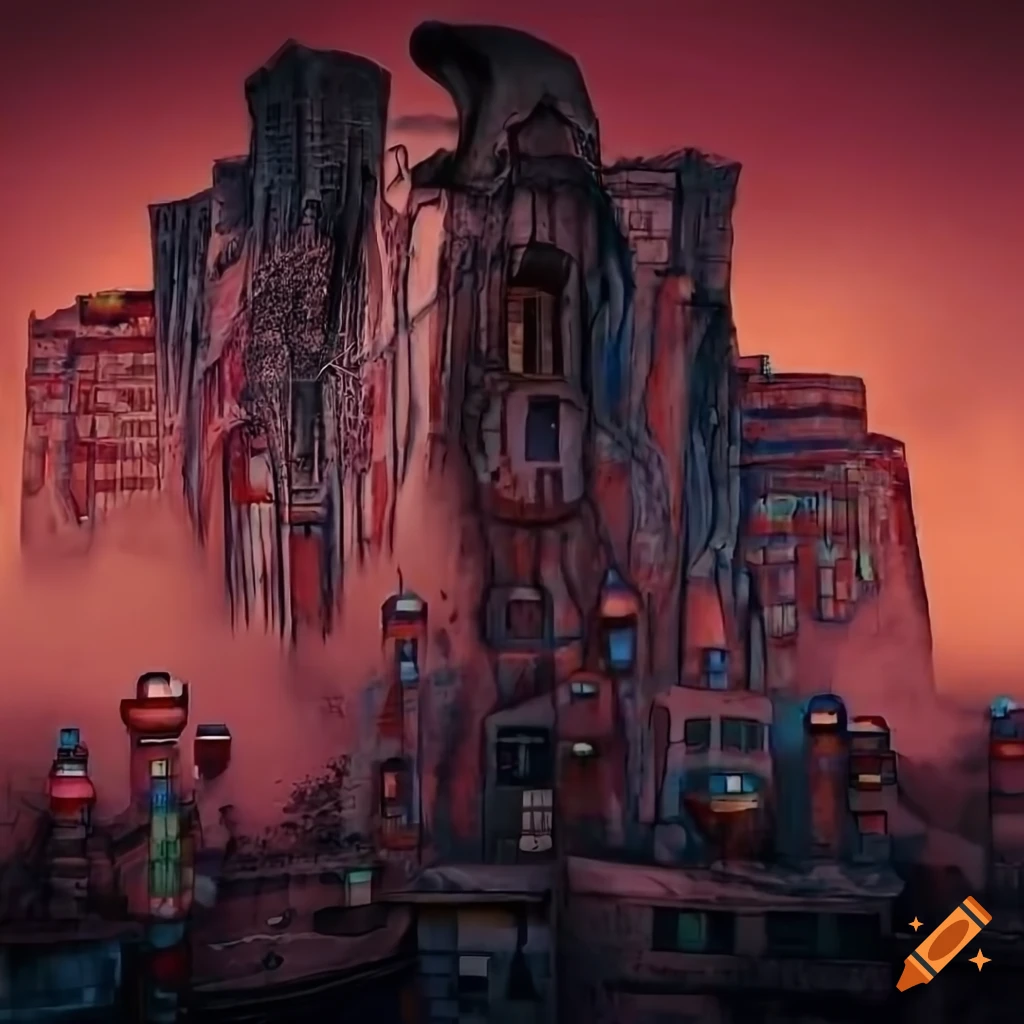 Dystopian street art of a collapsed futuristic city